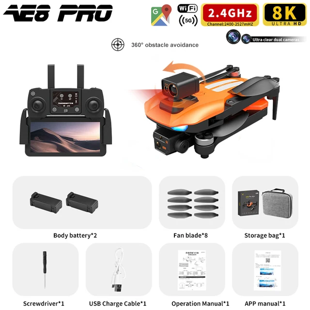 AE8 Pro Max Drone Brushless GPS Drone 360° Obstacle Avoidance Automatic ...