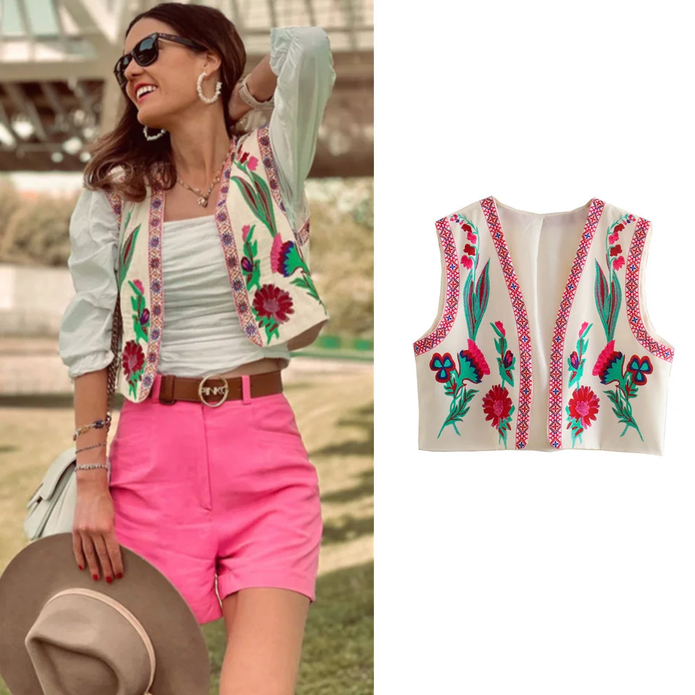 BM & MD & ZA 2023 Verão Novo Cardigan Top Sem Mangas Suave Retro Curto Flor Bordado Colete ...