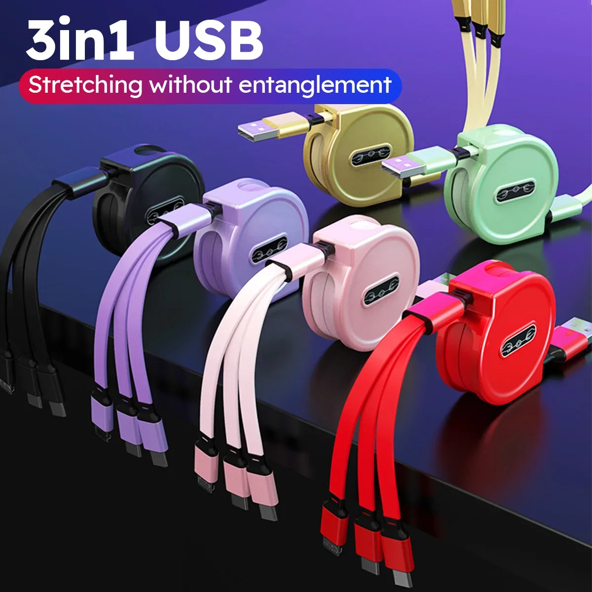 3 In 1 Retractable USB Cable Fast Charging Data Cord For Iphone Samsung ...