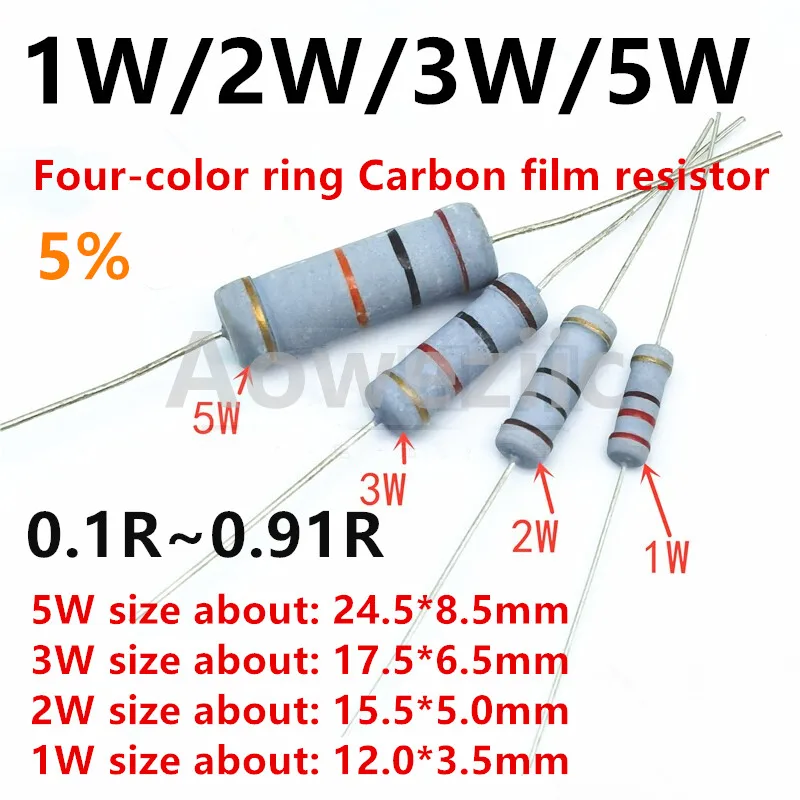 500pcs-1W-Carbon-film-resistors-5-0-1R-0-91R-Ring-Power-Resistor-R12J-0 ...