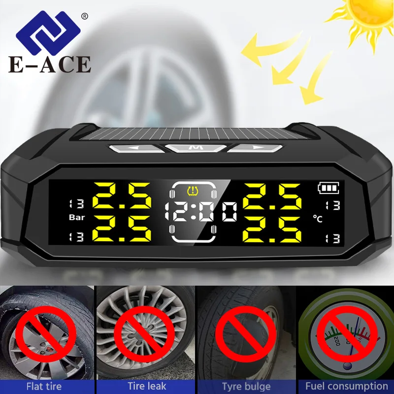 E-ACE-K19-Solar-Power-TPMS-Car-Tire-Pressure-Alarm-Monitor-Electronic-Clock-LCD-Screen ...