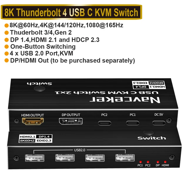 Navceker-Thunderbolt 4 USB C Interruptor KVM, 100W Carga PD, 2x1, 8K ...
