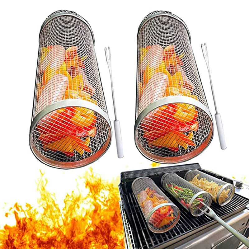 2pcs Rolling Grilling Basket -, Round Stainless Steel Bbq Grill Mesh ...