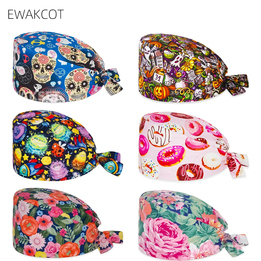 skull-printed-surgical-hat-100-cotton-women-men-working-medical-caps ...