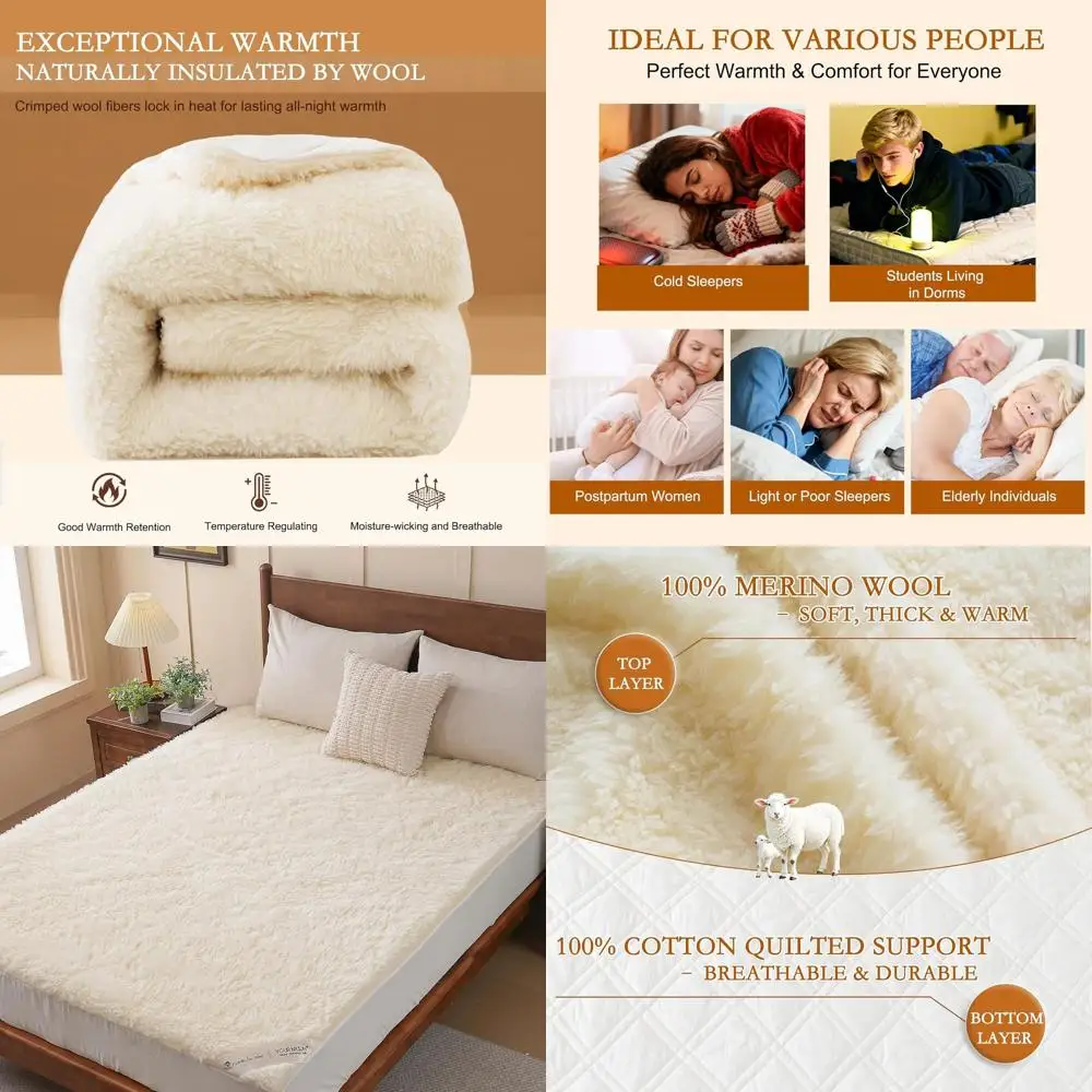 Pure Merino Wool Plush Mattress Pad Queen – 550GSM Thick Organic Wool ...