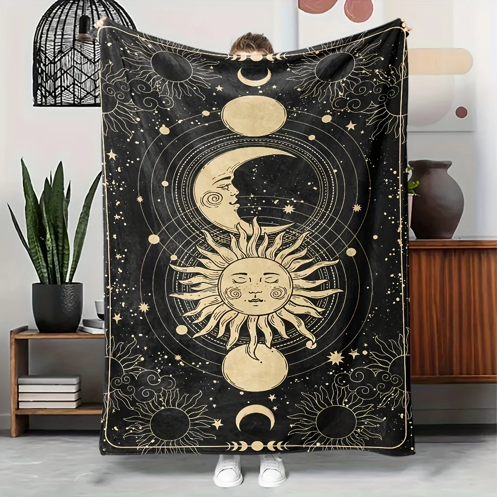 1pc Celestial Moon and Sun Blanket Pattern Blanket, Polyester Fabric ...