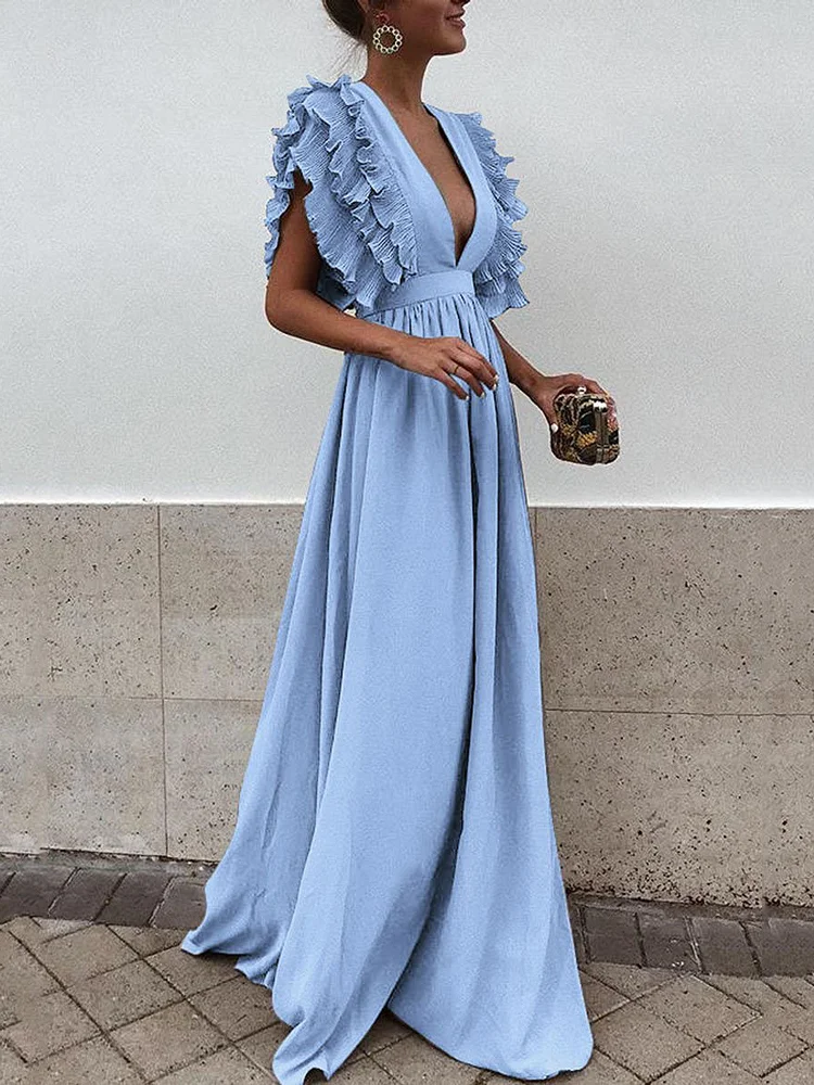 Ladies-Club-Wear-Y2K-Clothes-Sleeveless-Deep-V-Neck-Ruffle-Bodycon-Maxi ...