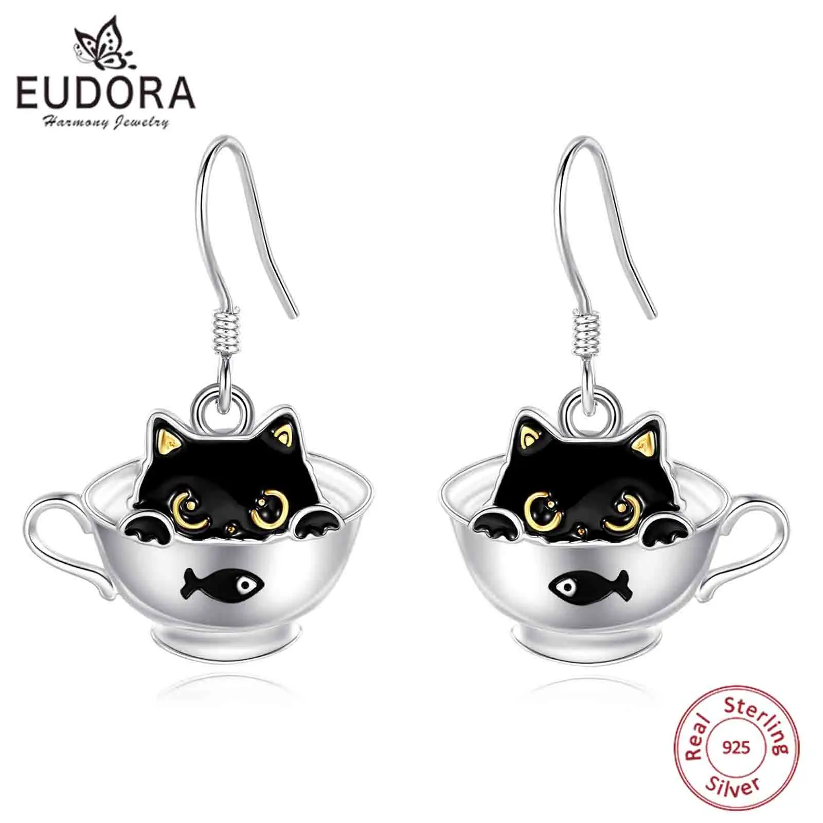 Eudora 925 Sterling Silver Cat inside Cup Drop Earings for Women Girl ...