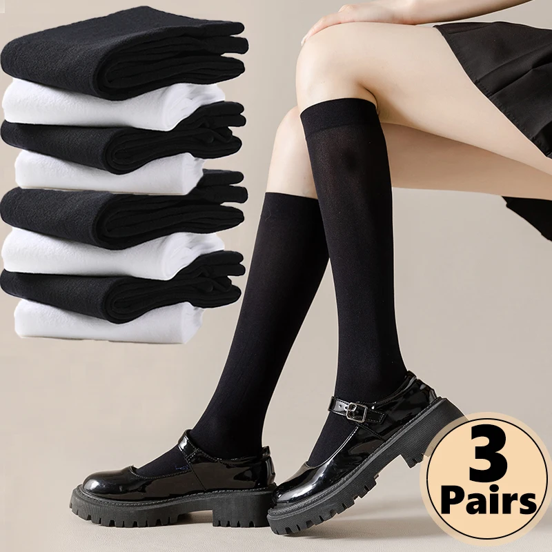 3Pairs-Woman-Socks-Black-White-Velvet-JK-Girls-Long-Socks-Solid-Soft ...