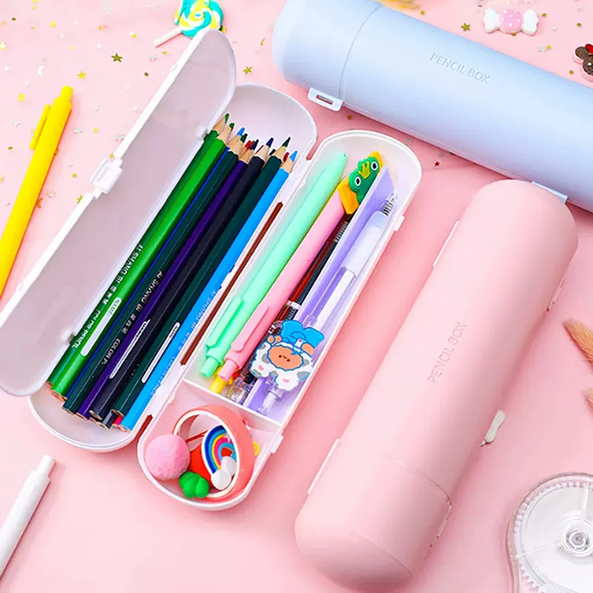 Round plastic cute pencil case student pencil bag large capacity ...