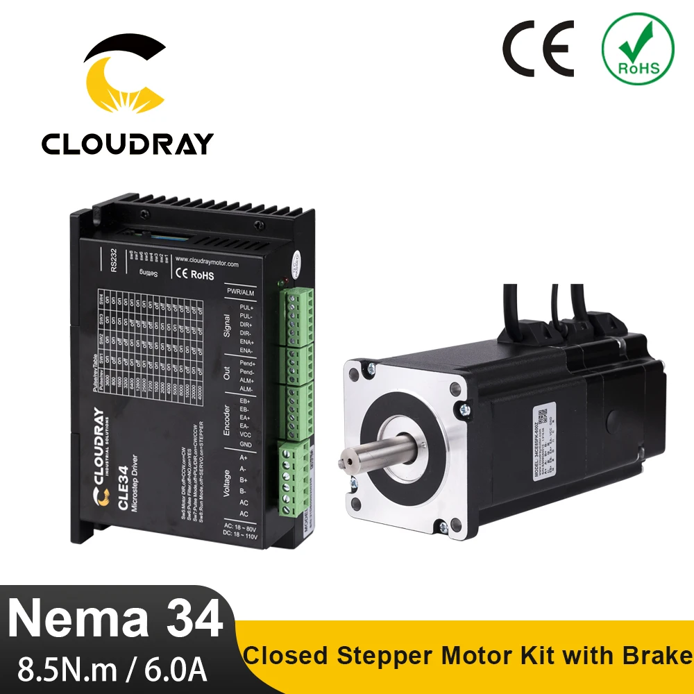 Cloudray Nema 34 Closed Loop Stepper Motor Kit 8.5N.m 6.0A Stepper Motor with Brake and CLE34 ...
