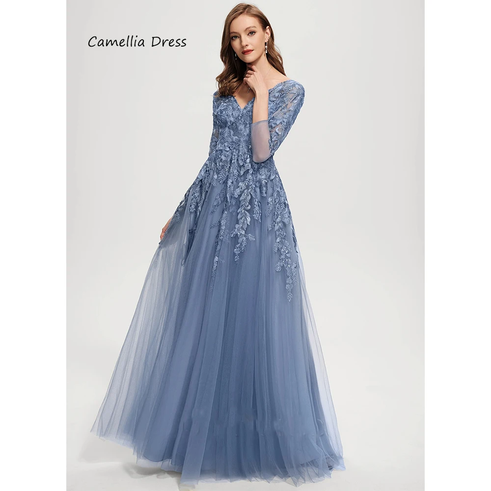 Demure V Neck A Line Mother Dress For Wedding 3/4 Sleeves Glitter Lace ...