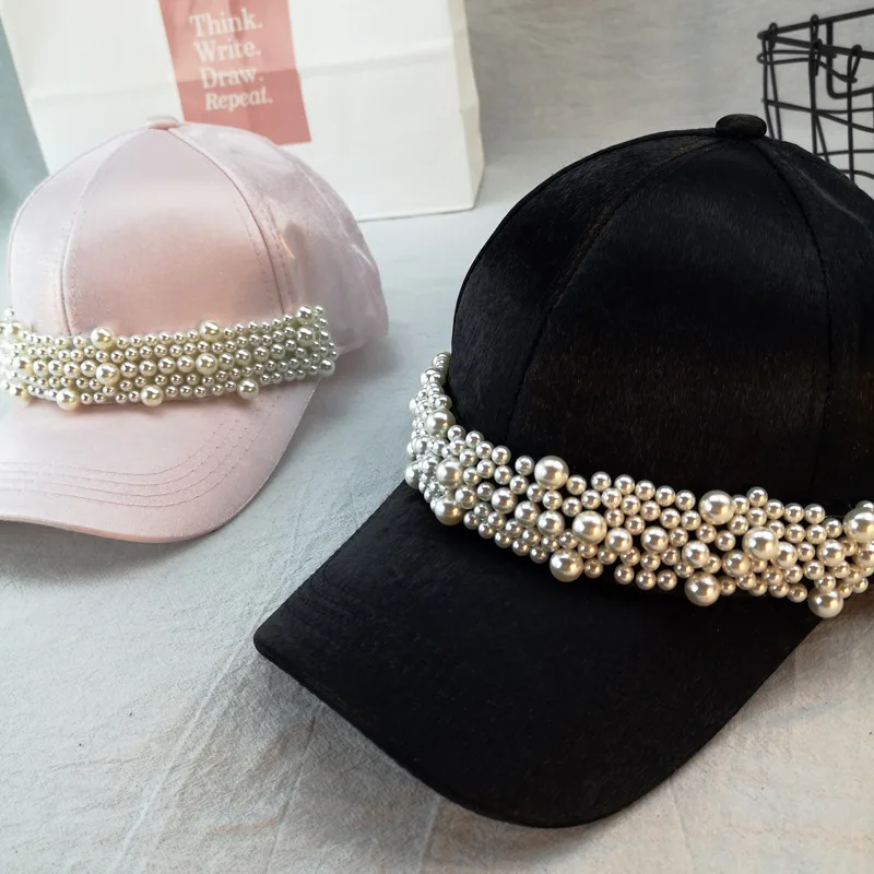 Sombrero de béisbol de tela brillante para mujer, gorra de béisbol con cinta de perlas, de seda ...