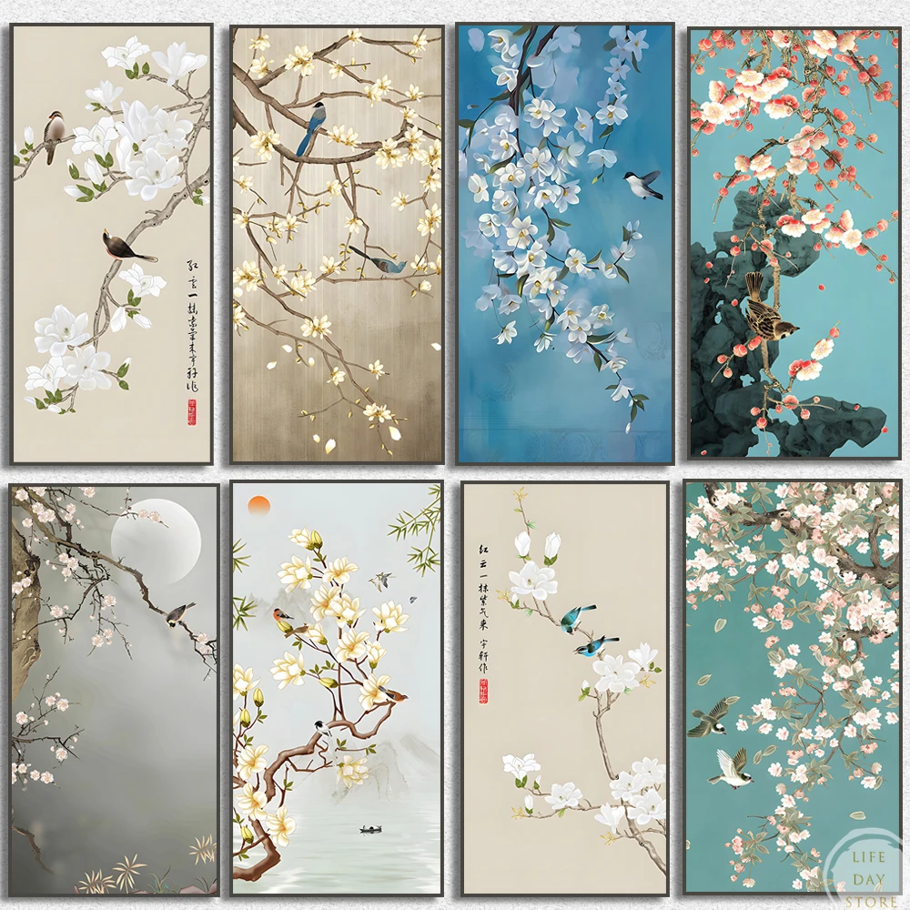 Chinese-Traditional-Style-Flower-Plum-Blossom-Bird-Ginkgo-Poster-Art ...