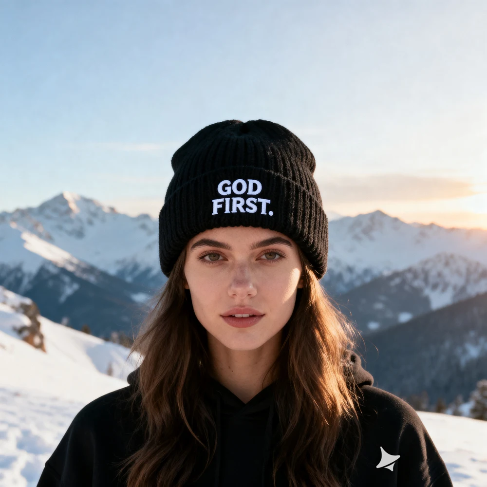 "GOD FIRST" Embroidered Beanie Unisex Stretch Foldable Knitted Hat ...