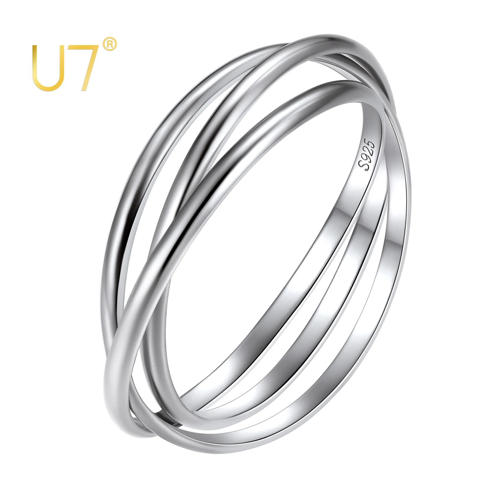 U7 3pcs/set Band Interlocking Round 925 Silver Ring for Women Triple ...