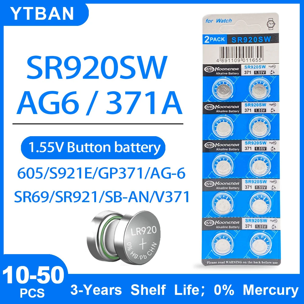 10-50PCS-1-55V-AG6-371-Cell-Coin-Battery-SR920SW-LR920-SR927-171-370 ...