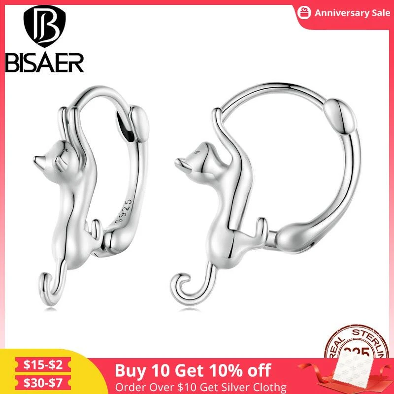 BISAER 100% 925 Sterling Silver Cute Cat Hoop Earrings Cats Pet Animal ...