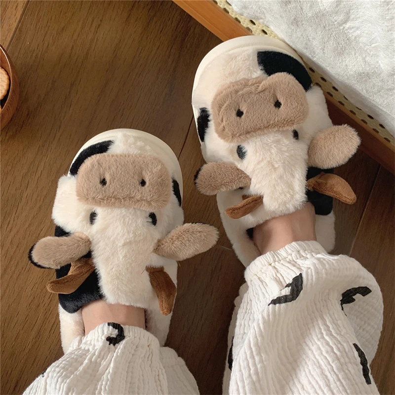 Winter Cartoon Cow Cotton Slippers Indoor Outdoor Slippers For Women Men Fuzzy Cute Cow Slides ...