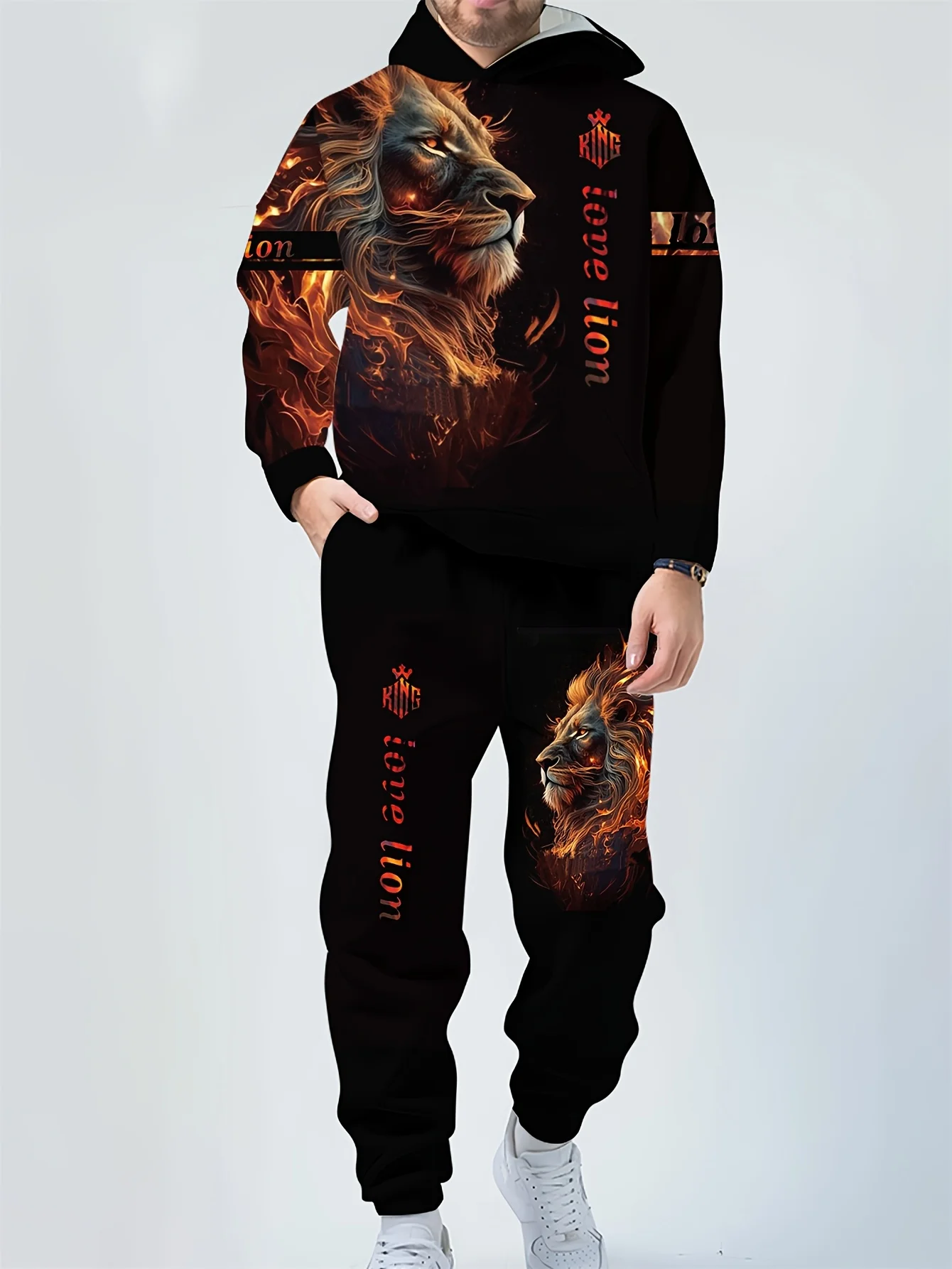 Men's 3D lion print hooded sweatshirt and sweatpants set -100% ...