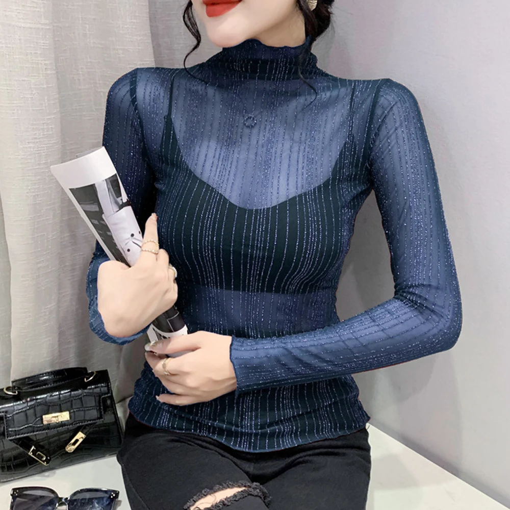 New-Shiny-Elegant-Lace-Female-Blouses-Long-Sleeve-Sheer-Slim-Women ...