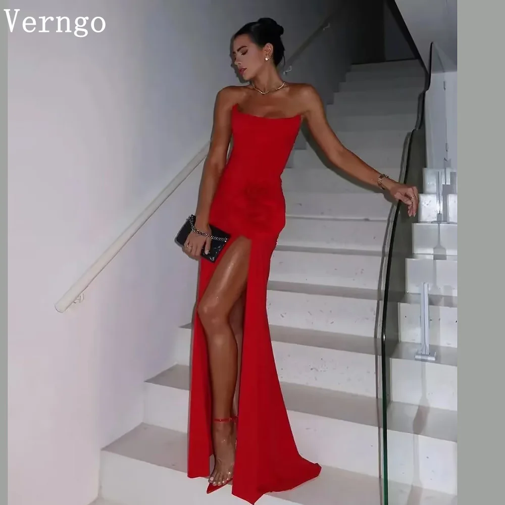 Verngo-Red-Crepe-Prom-Gown-Strpaless-Mermaid-Side-Slit-Party-Dress ...