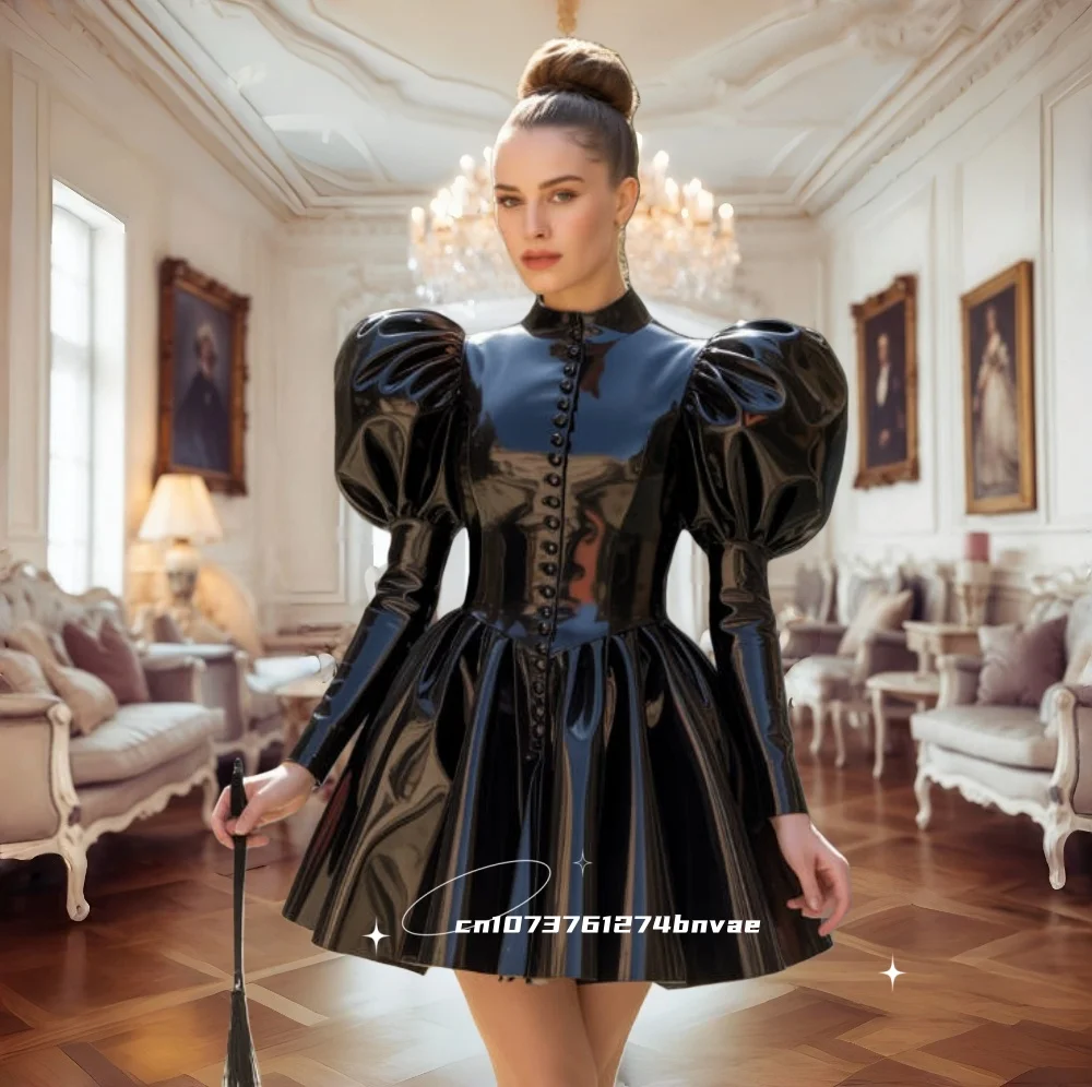 Short Black PVC Prom Dress Puff Long Sleeves High Collar Button A-Line ...