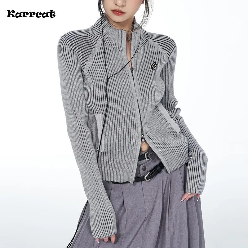 Karrcat-Vintage-Ribbed-Cardigan-Grunge-Embroidery-Knitted-Sweater-Jackets-Y2k-Aesthetics-Zipper ...