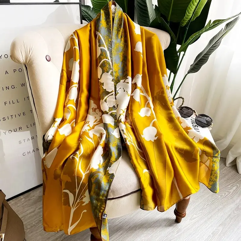 Golden-Flower-Print-Satin-Scarf-Elegant-Sunscreen-Shawl-Beach-Travel ...