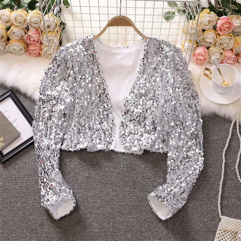 Silver-V-Neck-Sequined-Cardigan-Jacket-Women-Spring-Autumn-Fashion-Long ...