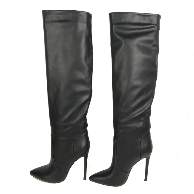 Frauen Knie hohe Stiefel Spitz High Heels Schuhe in Schwarz Damen ...