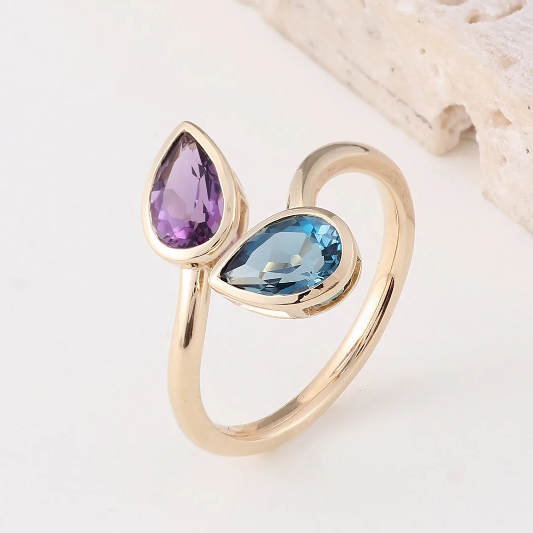Provence toi et moi rings pear cut Lab Gemstones 10K Solid Gold Open ...