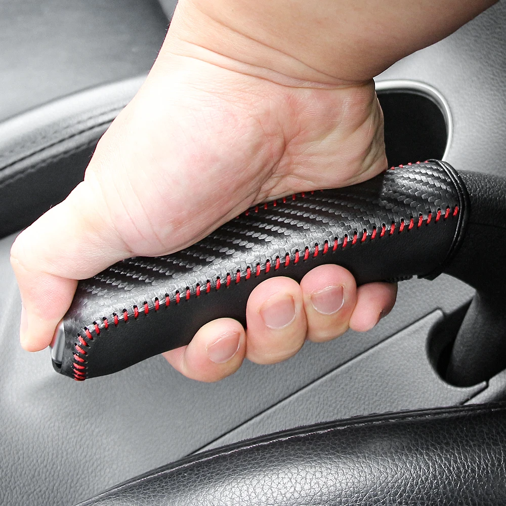 Carbon Fiber Car Leather Handbrake Cover Protective Sleeve Hand Brake ...