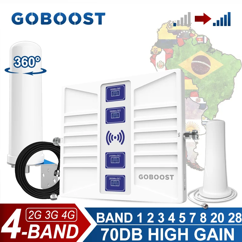 GOBOOST LTE Cell Signal Booster 4 Band 2G 3G 4G Network Repeater GSM 850 1800 2100 1900 1700 700 ...