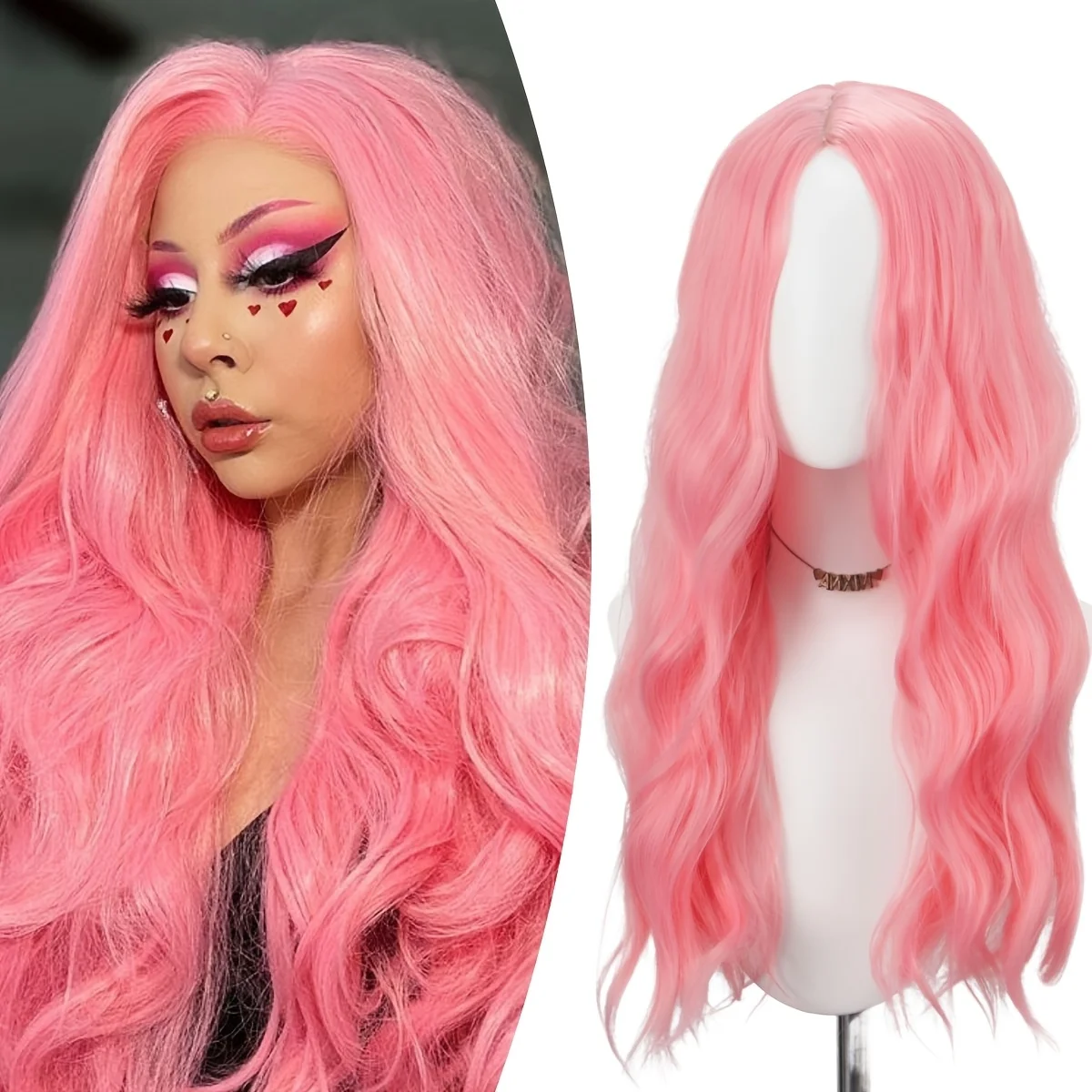 Pink valentine big wave wig high quality synthetic long curly wig women ...