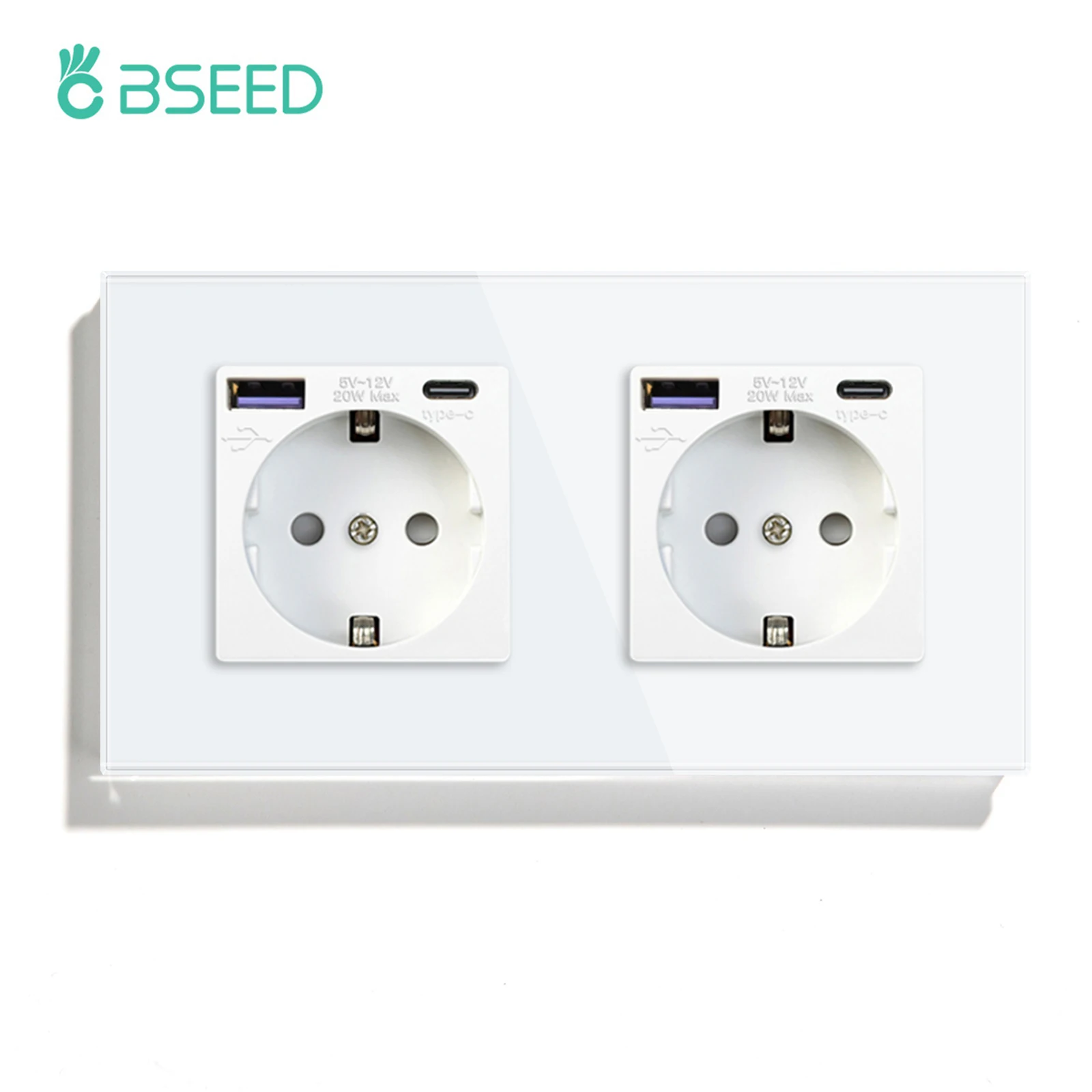 BSEED Wall Double Sockets Glass Phone Charge 20W USB C Socket 16A EU ...