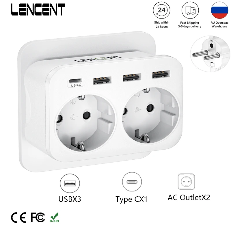 LENCENT-EU-Wall-Socket-Extender-with-2AC-Outlets-3-USB-Ports-1-Type-C ...