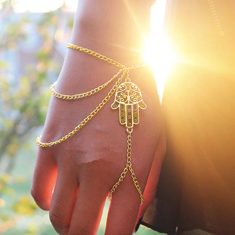 Fashion-Hamsa-Hand-Finger-Ring-Bracelet-Vintage-Gold-Multilayer-Chain ...