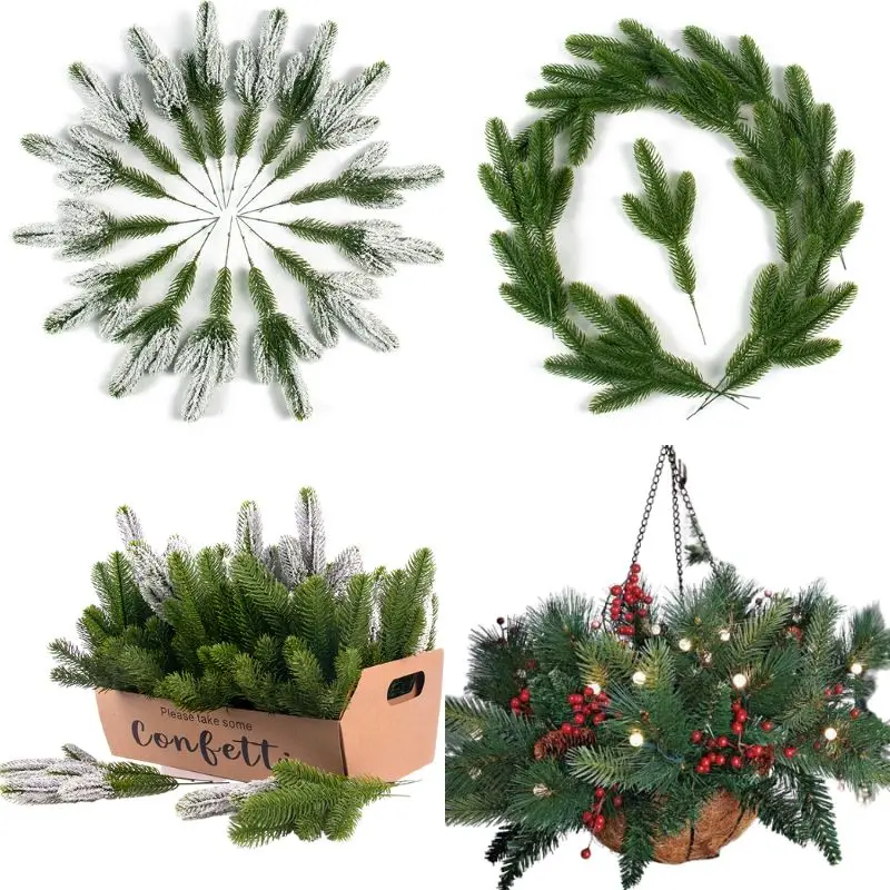 5-15pcs-Christmas-Pine-Branches-Snow-Artificial-Plants-Pine-Needles-For ...