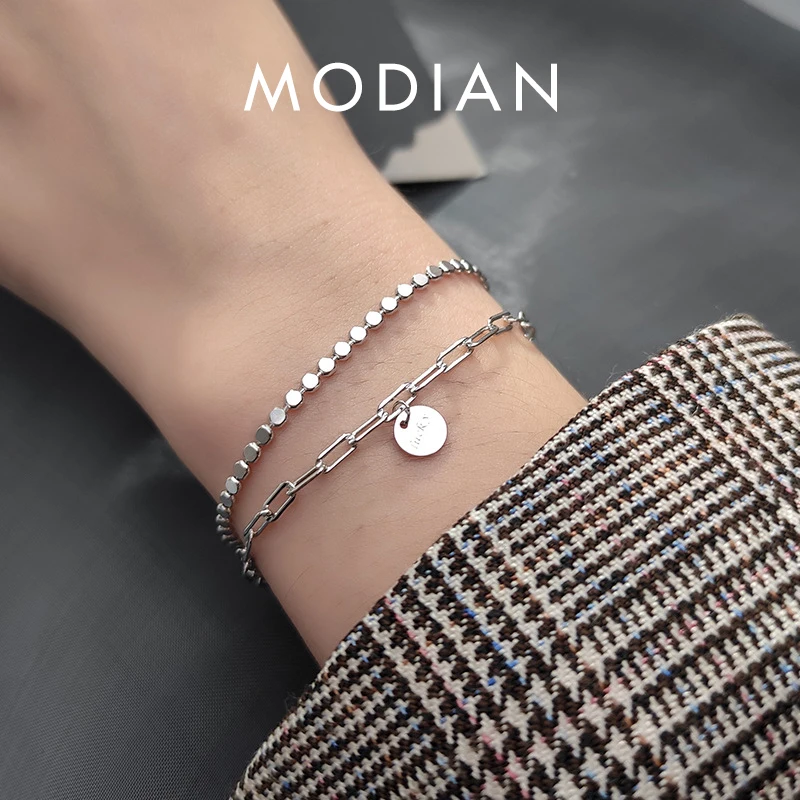 Modian Fashion 925 Sterling Silver Geometry Bracelet Double Layer Chain ...