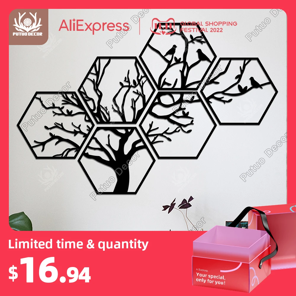 Putuo Decor Tree of Life 6pcs Wooden Wall Art Black Hexagon Modern ...
