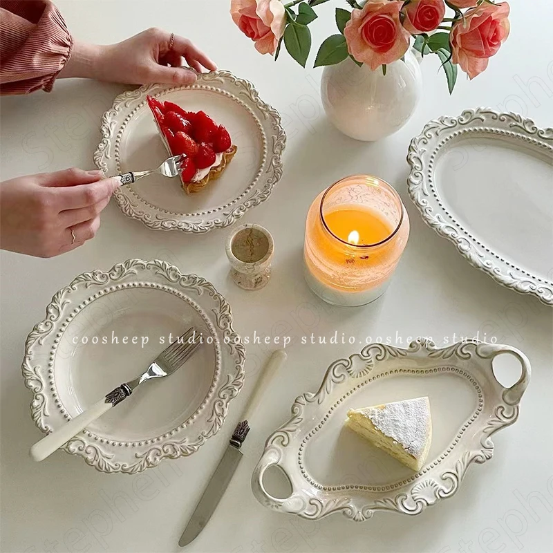 Vintage Relief Ceramic Plates European Classical Lace Embossing Process ...