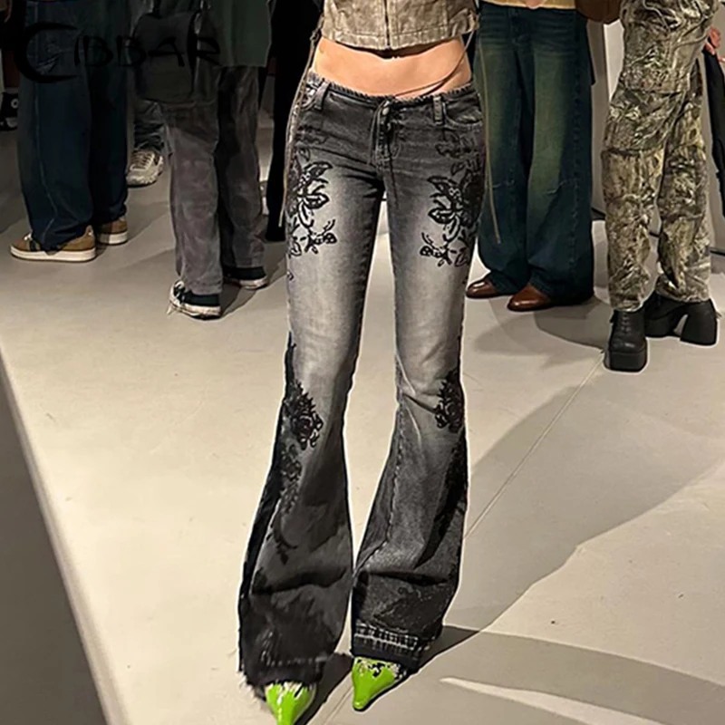 CIBBAR-Streetwear-y2k-Flare-Jeans-Distressed-2000er-Jahre-Blumendruck ...