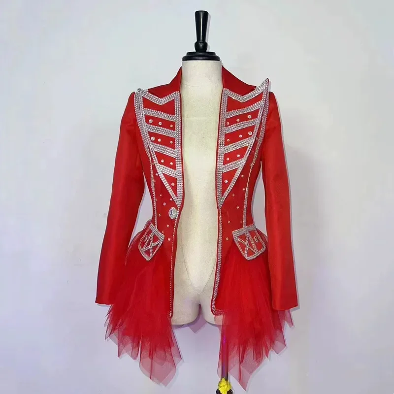 Red White Slim Fit Fluffy Gauze Rhinestones Blazer Coat for Women ...