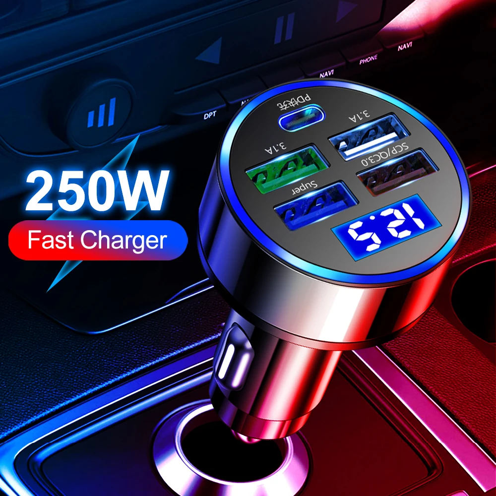 250W LED Car Charger 5 Ports Fast Charge PD QC3.0 USB C Car Phone ...