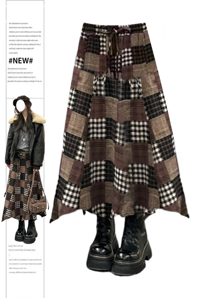 Women's Khaki Y2k Plaid Skirt Elegant Harajuku Long Skirts Streetwear ...