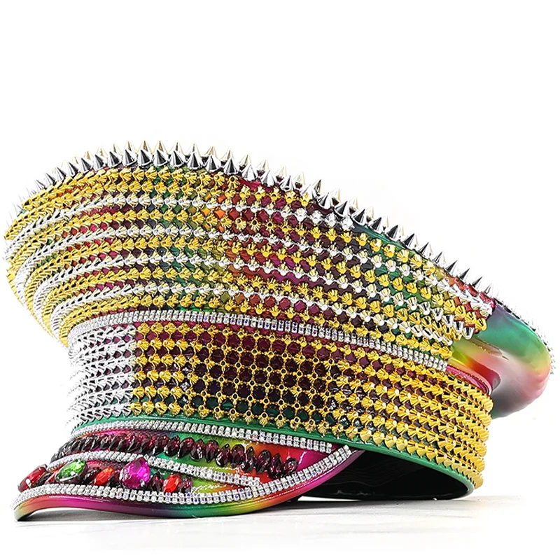 Hip-Hop-Women-Sequin-Burning-rivet-Rainbow-Military-Hat-Handmade-Luxury ...