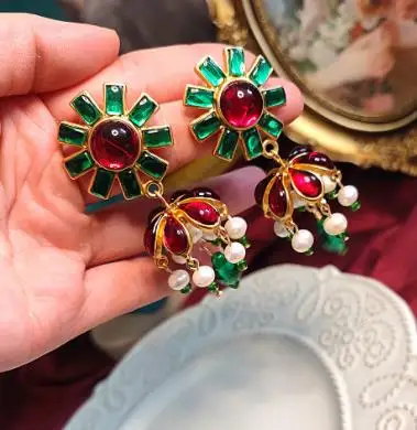 vintage Middle red and green color treasure cultured pearl tassel jelly ...