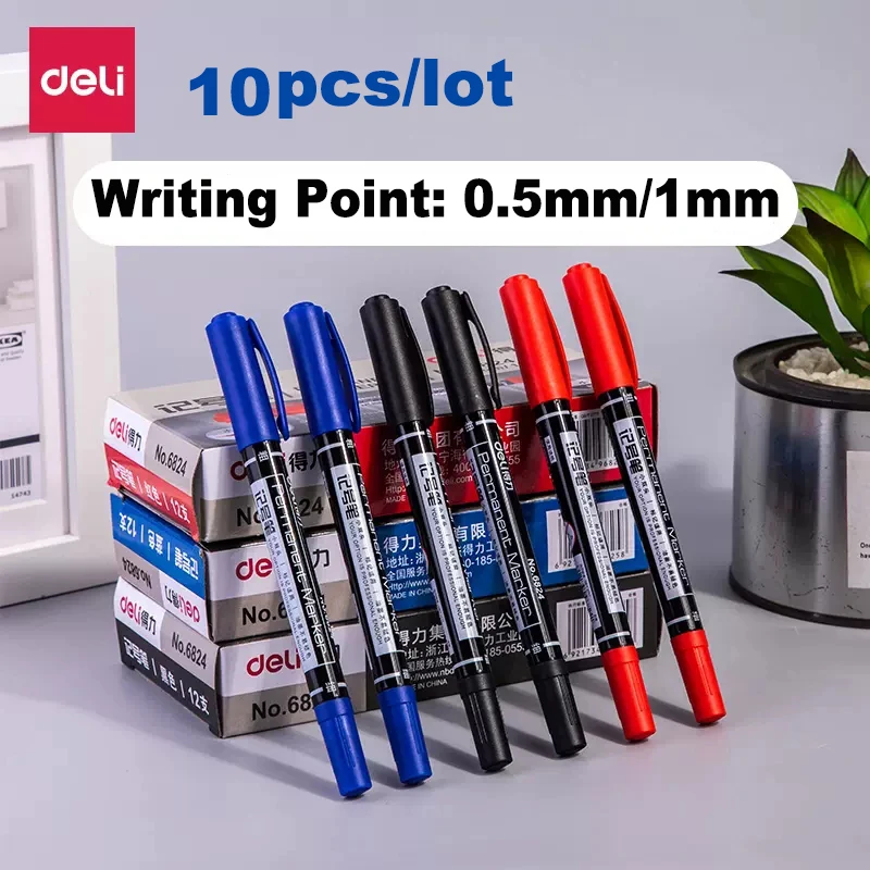 Deli 10pcs/lot Permanent Marker Pen Multicolor Dual Tip 0.5/1.0 mm Nib ...