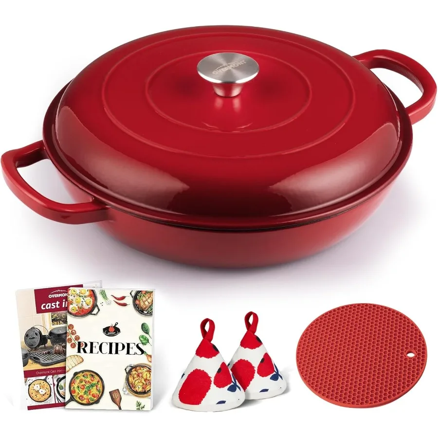 Enameled Cast Iron Dutch Oven 3.8 Quart Shallow Cookware Braising Pan ...